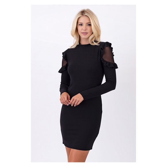 MBM Unlimited | Dresses | Black Mesh Long Sleeve Bodycon Ruffle Party ...
